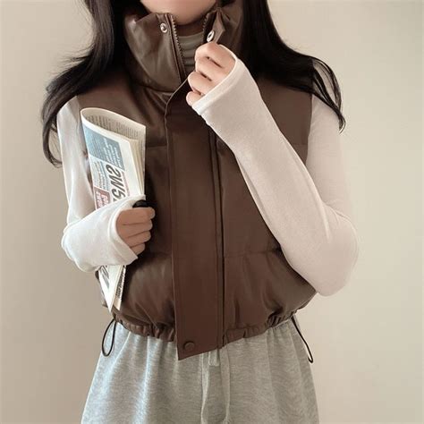 반하리마켓 컬러 레더 하이넥 크롭 스트링 숏 패딩 조끼 반하리마켓 위시버킷