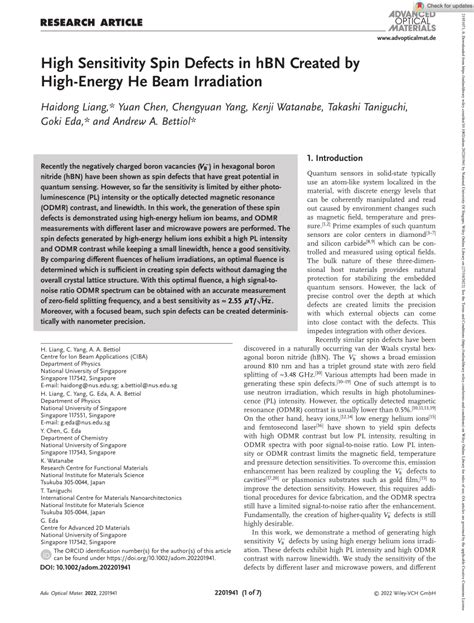 Pdf 2201941 1 Of 7 High Sensitivity Spin Defects In Hbn Created By