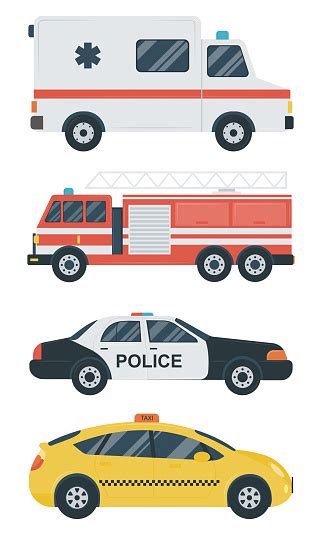 전송 아이콘을 격리 경찰 차 구급차 Firetruck 택시 평면 디자인입니다 벡터 소방차에 대한 스톡 벡터 아트 및 기타 이미지