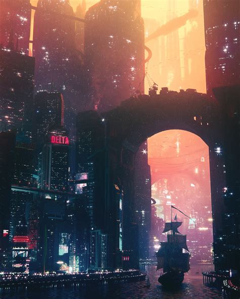 배경 화면 미래의 Future Forest City 도시 불빛 보트 삽화 공상 과학 소설 Fantasy Architecture 2160x2700