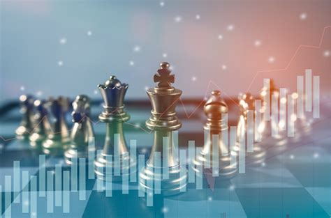 사업 아이디어와 경쟁 전략 계획 성공 의미 증권 금융 통계 그래프 분석 데이터 개념의 체스 보드 게임 개념 Ecofin에 대한