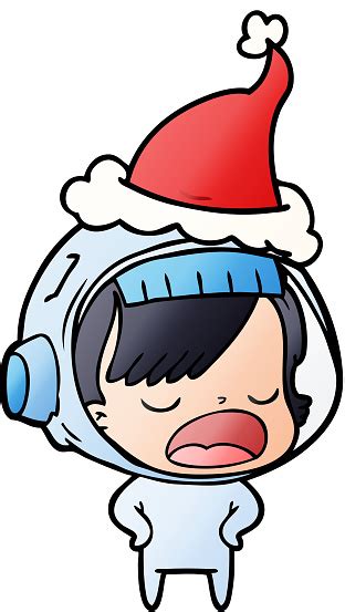 산타 모자를 쓰고 설명하는 우주 비행사 여성의 손으로 그린 그라데이션 만화 그라데이션에 대한 스톡 벡터 아트 및 기타 이미지 그라데이션 낙서 드로잉 노래 Istock