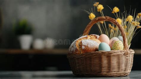 Easter Brunch Theme A Retro Kitchen With Easter Decor Fresh Bread And A Basket Of Colorful