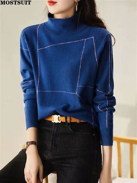 세련된 하프 하이 칼라 긴 소매 니트웨어 풀오버 점퍼 여성용 세련된 패션 세련된 루즈한 가을 겨울 점퍼 2022