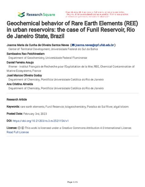 Pdf Geochemical Behavior Of Rare Earth Elements Ree In Urban Reservoirs The Case Of Funil