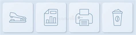 Set Line Stapler Printer Document With Graph Chart And Coffee Cup To Go White Square Button