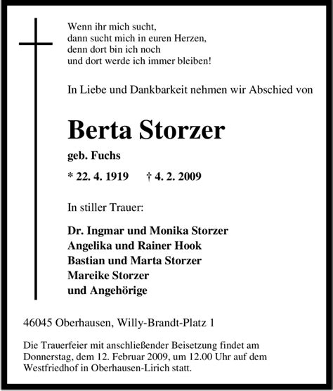 Traueranzeigen Von Berta Storzer Trauer In Nrw De