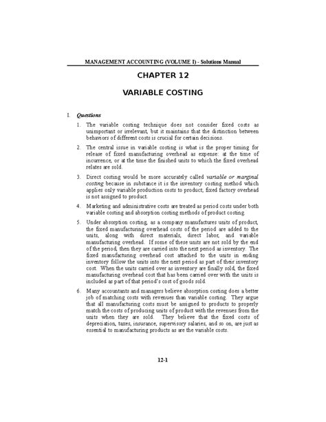 Chapter 10 Variable Costing MANAGEMENT ACCOUNTING VOLUME I Solutions Manual CHAPTER 12