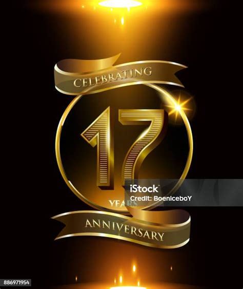 17 년 기념일 로고 황금 반지와 컬러 리본 파티 인사말 카드 및 초대장 카드를 위한 벡터 디자인 검은 배경에 고립 축 하 로고