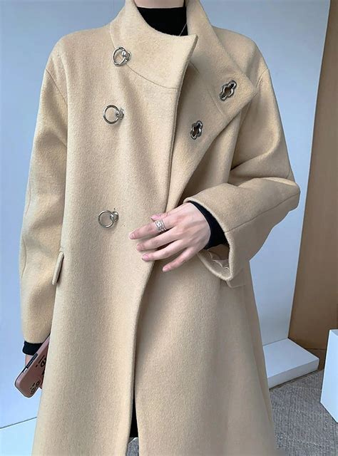 Stand Collar Hoop Loose Wrap Wool Blend Coat Vivian Seven