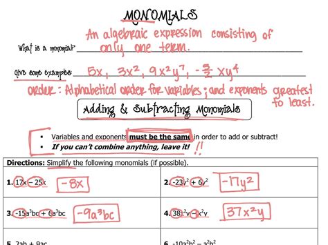 Adding And Subtracting Monomials Worksheet