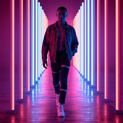 Full Body Walk Through Neon Light Pose With Futuristic Masculine Vibe