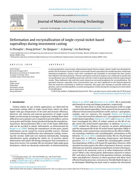 Pdf Deformation And Recrystallization Of Single Crystal Nickel Based