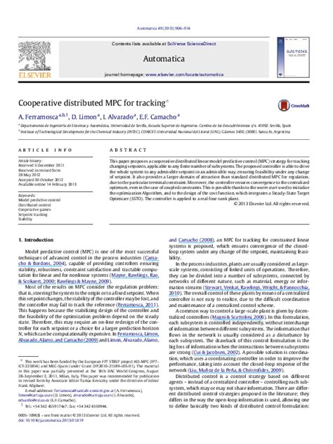 Pdf Cooperative Distributed Mpc For Tracking