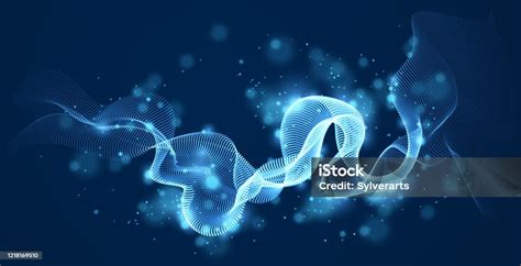 어둡고 매끄러운 곡선 모양 라인 파티클 배열 흐름 위에 흐르는 입자의 물결이있는 벡터 추상적 배경 3d 모양 빛나는 점 혼합 메쉬 기술 편안한 벽지 0명에 대한 스톡 벡터