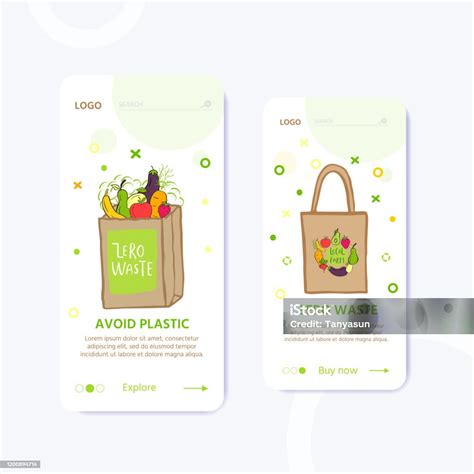 손으로 그린 제로 폐기물 개념 세트 재사용 가능한 종이 대나무 나무 직물 면 봉투 유리 항아리 칼 붙이 에코 생활의 플라스틱