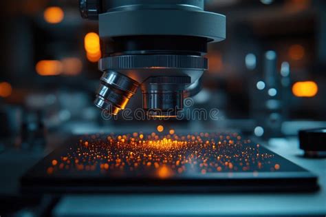 Close Up Of A Microscope Examining Glowing Particles In A Laboratory