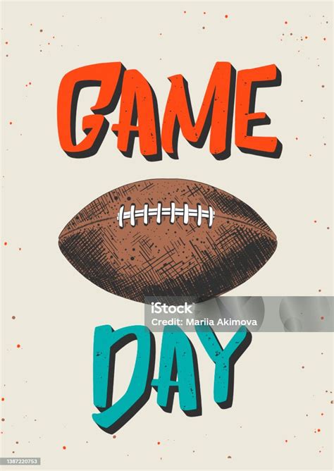 포스터 장식 및 인쇄를 위한 벡터 새겨진 스타일 일러스트레이션입니다 현대 타이포그래피 게임 데이와 미식 축구 공의 손으로 그린 스케치 상세한 빈티지 에칭 스타일 드로잉 경기
