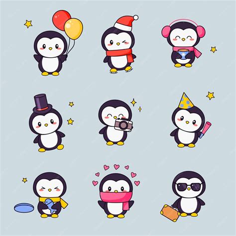 Premium Vector Cute Penguin Kawaii Clipart Sticker Set White Black