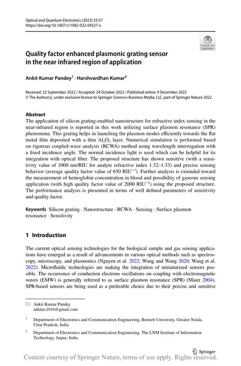 Quality Factor Enhanced Plasmonic Grating Sensor In The Near Infrared