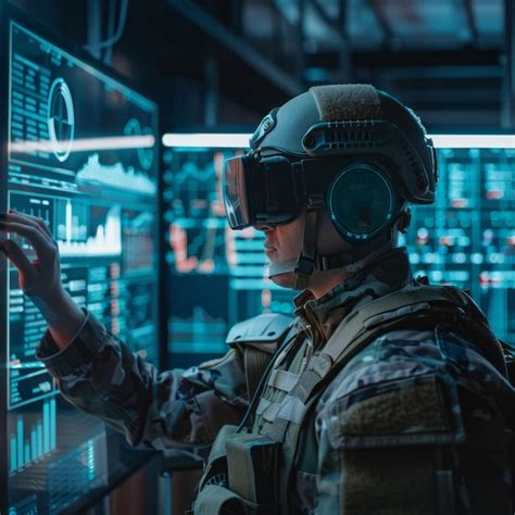 Premium Photo A Soldier Wearing A Virtual Reality Headset Interacts