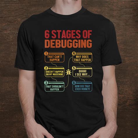 6 stages of debugging software developer programming coding shirt
