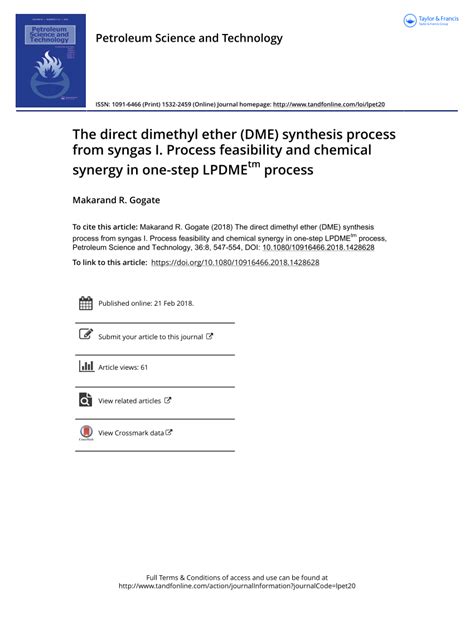Pdf The Direct Dimethyl Ether Dme Synthesis Process From Syngas I