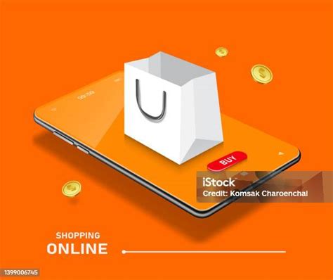 빨간색 구매 버튼 아이콘으로 스마트 폰 화면에 흰색 쇼핑백 팝업 쇼핑백에 대한 스톡 벡터 아트 및 기타 이미지 쇼핑백 숫자