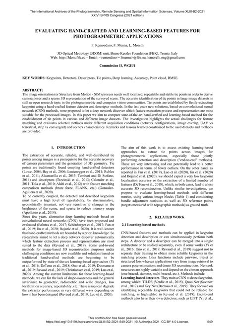 PDF EVALUATING HAND CRAFTED AND LEARNING BASED FEATURES FOR PHOTOGRAMMETRIC APPLICATIONS