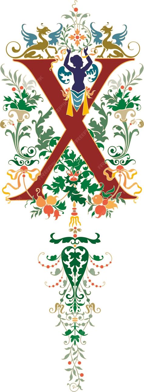 편지 X 꽃 중세 르네상스 화려한 대문자 모노그램 초기 알파벳 문자 프리미엄 벡터