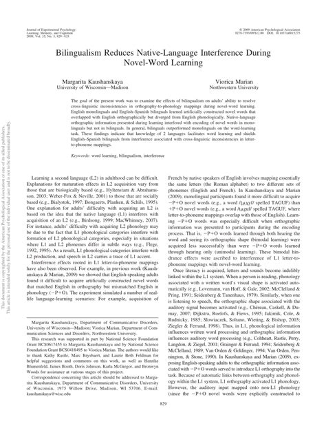 Bilingualism Reduces Native Language Interference During Novel Word Learning Request Pdf