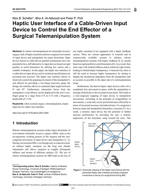 Pdf Haptic User Interface Of A Cable Driven Input Device To Control The End Effector Of A
