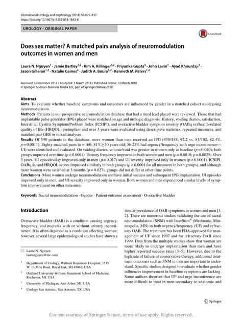 Does Sex Matter A Matched Pairs Analysis Of Neuromodulation Outcomes
