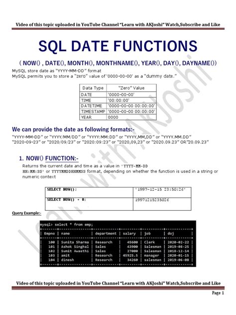 Sql 3 Date Time Function Pdf You Tube Software Development
