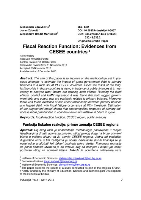 Pdf Fiscal Reaction Function Evidences From Cesee Countries