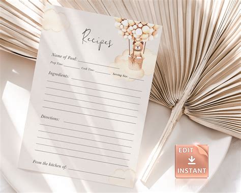 Teddy Bear Recipe Card Boho Recipe Request Insert Instant Etsy
