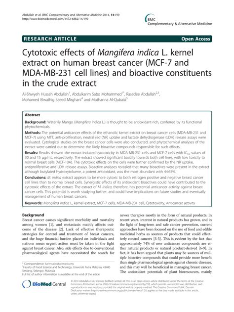 Pdf Cytotoxic Effects Of Manera Indica L Kernel Extract On Human Breast Cancer Mcf 7 And