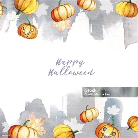 호박 잎 비문가 인테리어가 그림 수채화 회색 배경 할로윈 테마 프레임에 수채화 그림 0명에 대한 스톡 벡터 아트 및 기타 이미지 0명 가을 겨울 Istock
