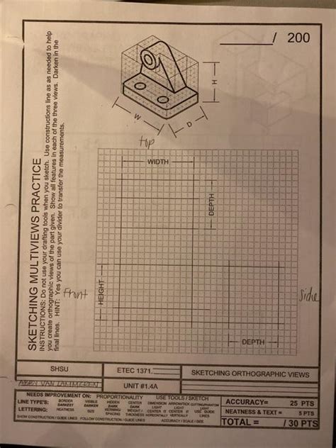 solved 1 200 o tout top width sketching multiviews practice