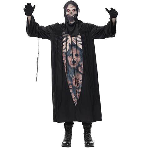 Men Halloween Necromancer Costumes Adult Azrael Evil Skeleton Robe Cos