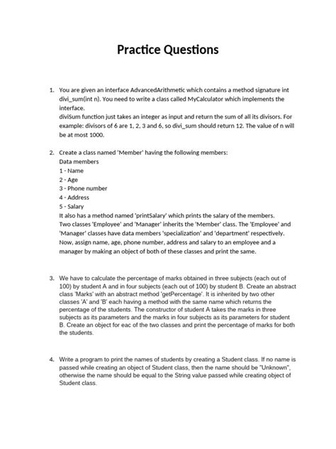 Practice Questions Oops Pdf Method Computer Programming Class