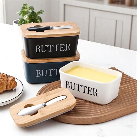 Ceramic Butter Dish With Bamboo Lid Butter Spreader Holder Butter
