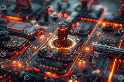 Futuristic Circuitry Glowing Orange Lines And A Towering Structure