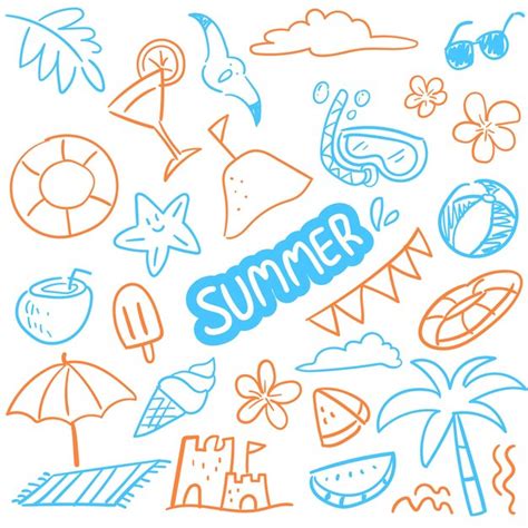 손으로 그린 여름 일러스트 세트 프리미엄 벡터
