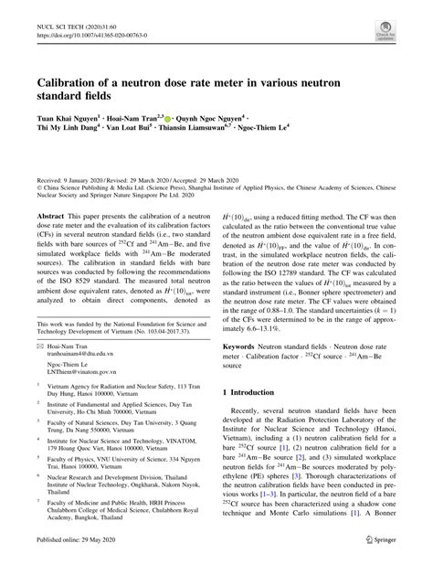 Pdf Calibration Of A Neutron Dose Rate Meter In Various Neutron