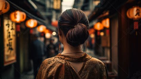 등불 너머로 골목길을 내려다보는 일본 전통 의상을 입은 우아한 아시아 여성의 뒷모습 내려다 배경 아래에 배경 일본 천 배경 이미지 Hd 내려다 아래에 일본 천