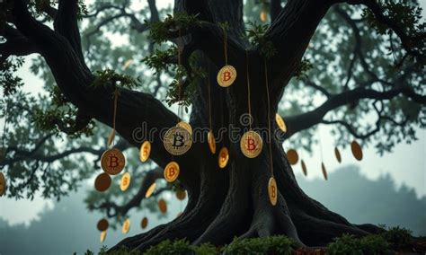 Large Tree With Bitcoin Coins Hanging From Its Branches Stock Illustration Illustration Of