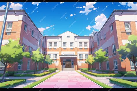 Anime Style Image Of A Building With A Walkway And Trees In Front Generative Ai Premium Ai