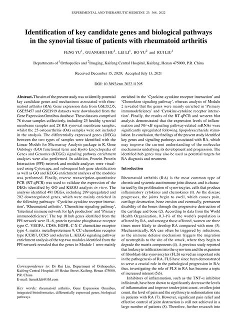 Pdf Identification Of Key Candidate Genes And Biological Pathways In The Synovial Tissue Of