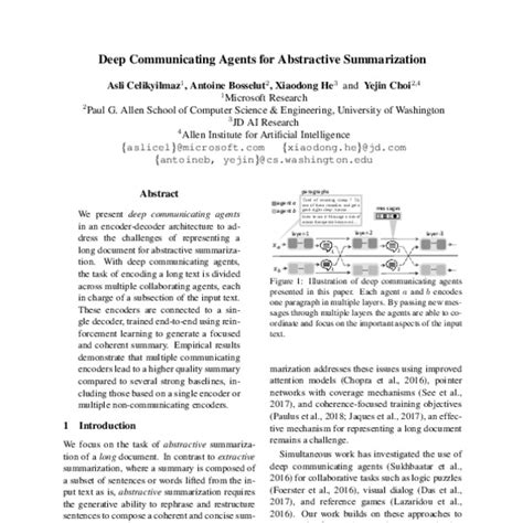 Deep Communicating Agents For Abstractive Summarization Acl Anthology